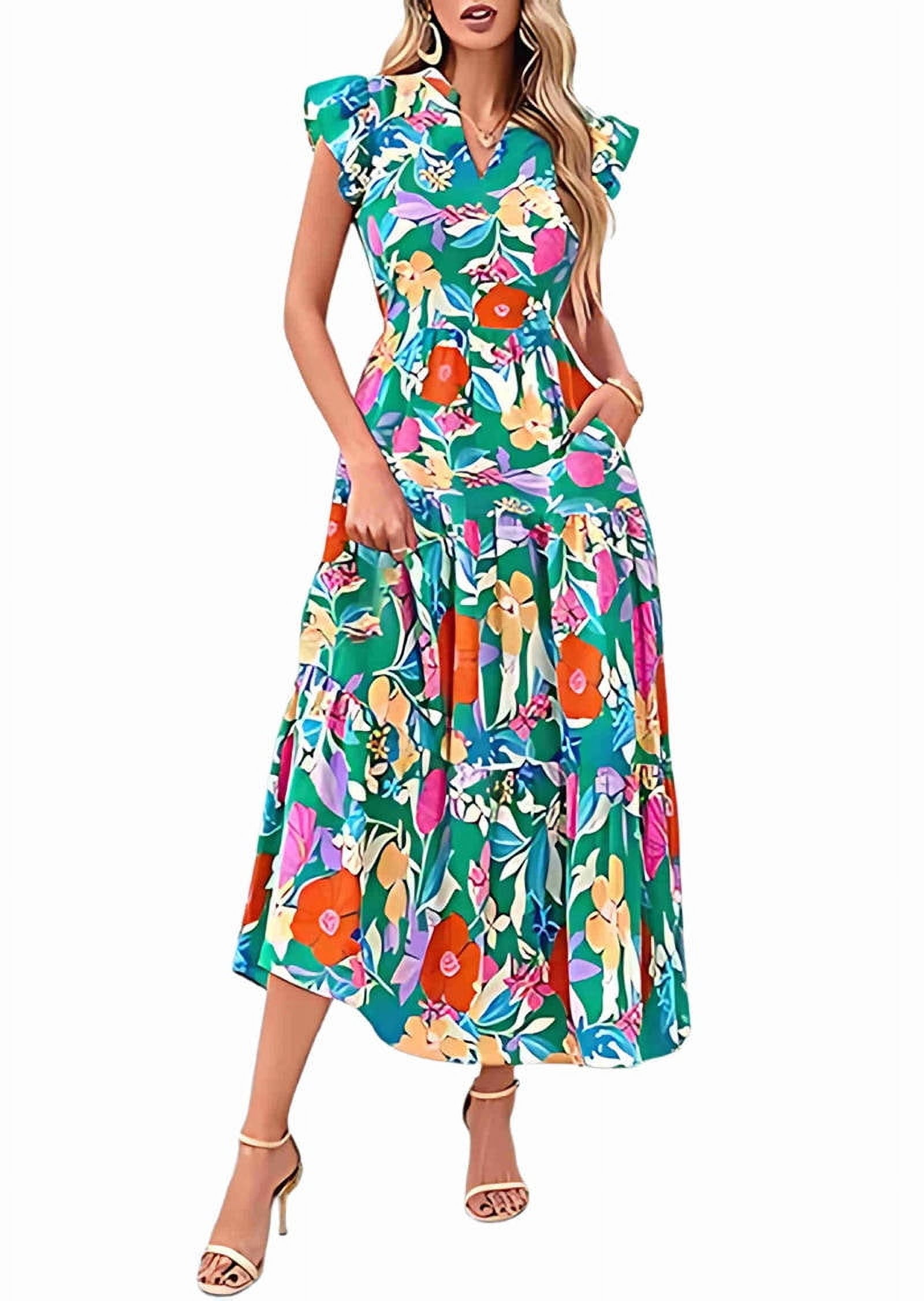Women'S 2025 Summer Floral Midi Dress Cap Sleeve V Neck Ruffle Long ...