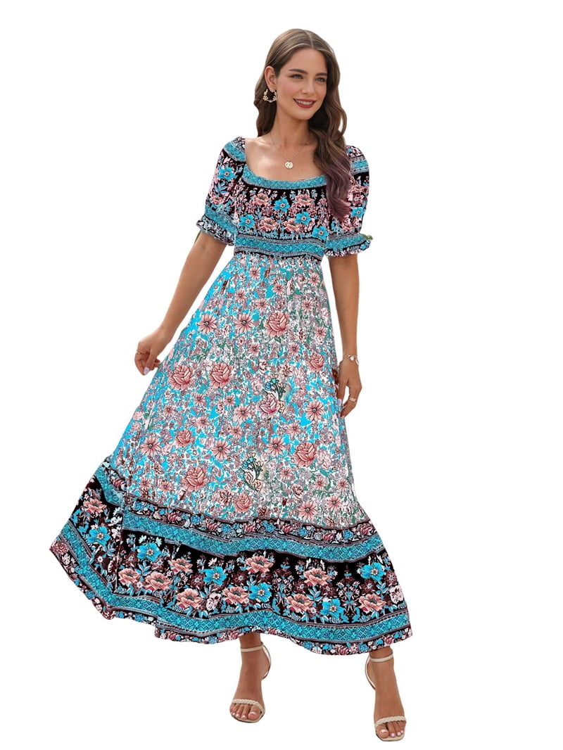 Women'S 2025 Summer Off Shoulder Boho Floral Print Tiered Casual Flowy ...