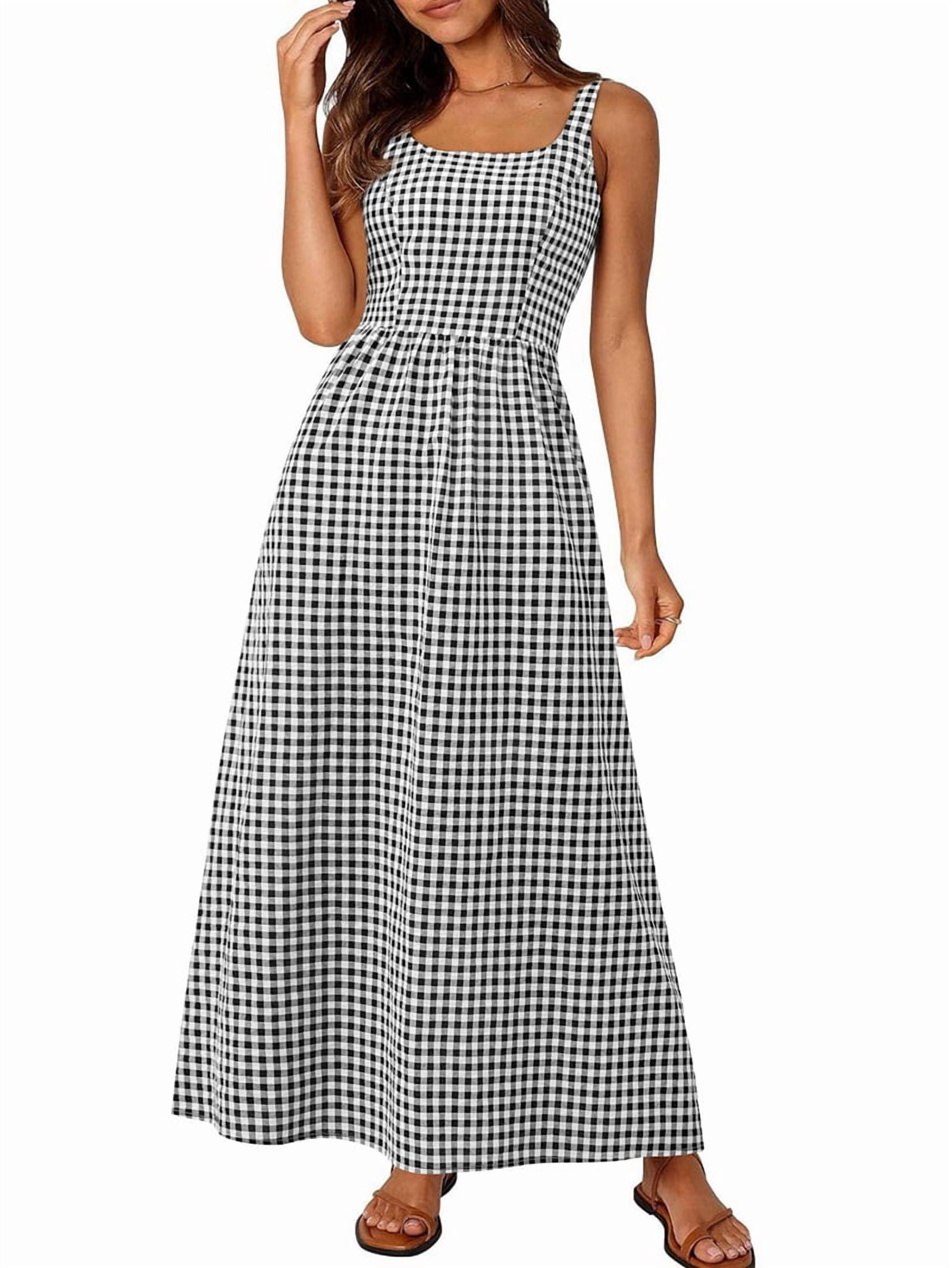 Women'S 2025 Summer Spaghetti Strap Maxi Dresses Plaid Square Neck A ...
