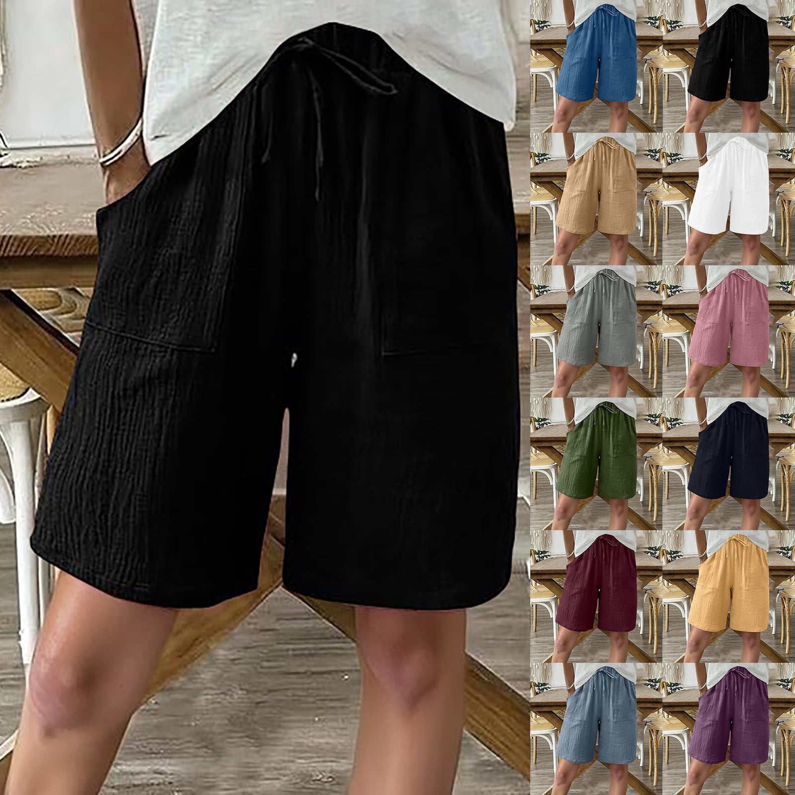 Women'S Athletic Shorts Knee Length Linen Wide Leg High Waisted Beach ...