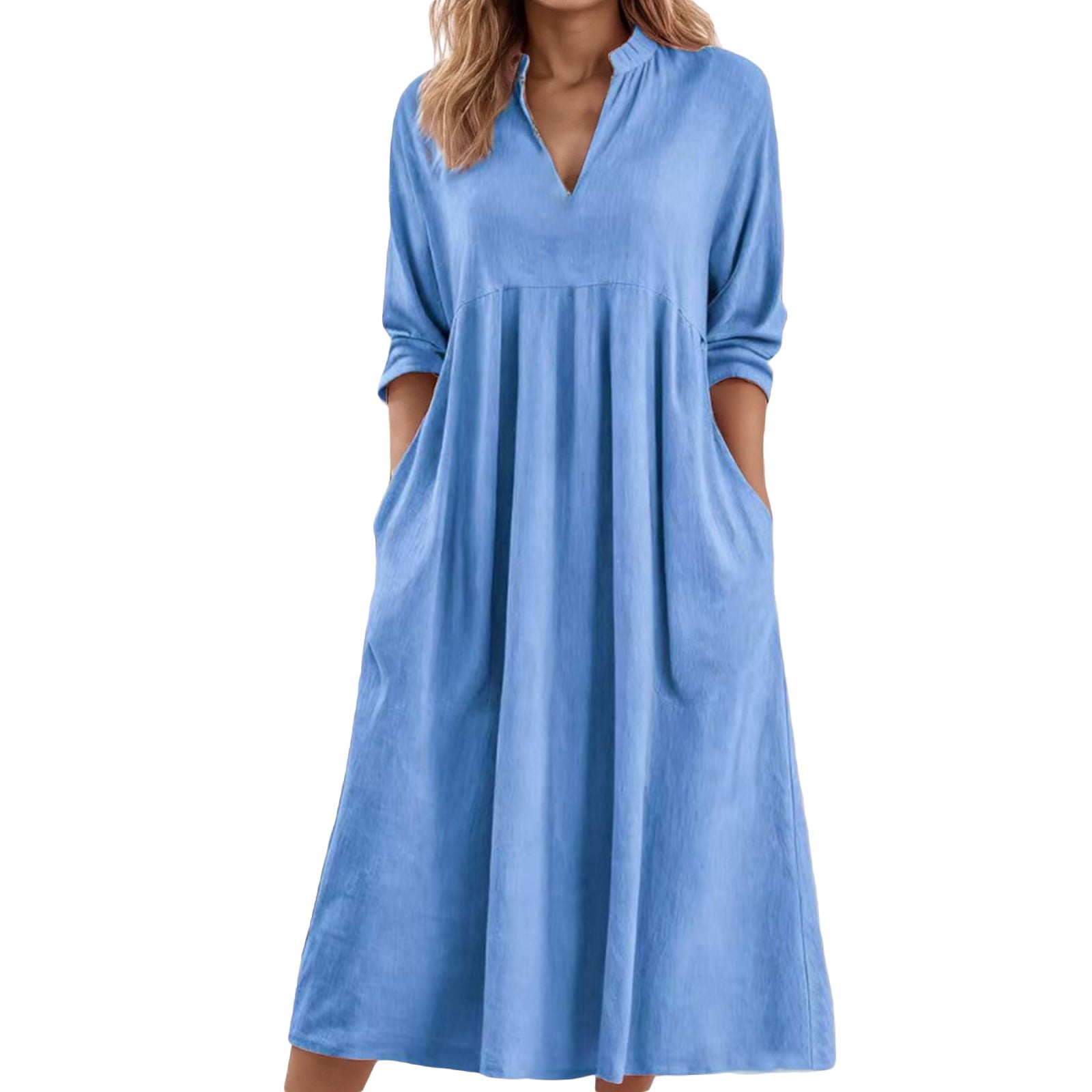 Women'S Autumn Casual Loose Fit Long Sleeve Lapel Collar Pocket Dress ...