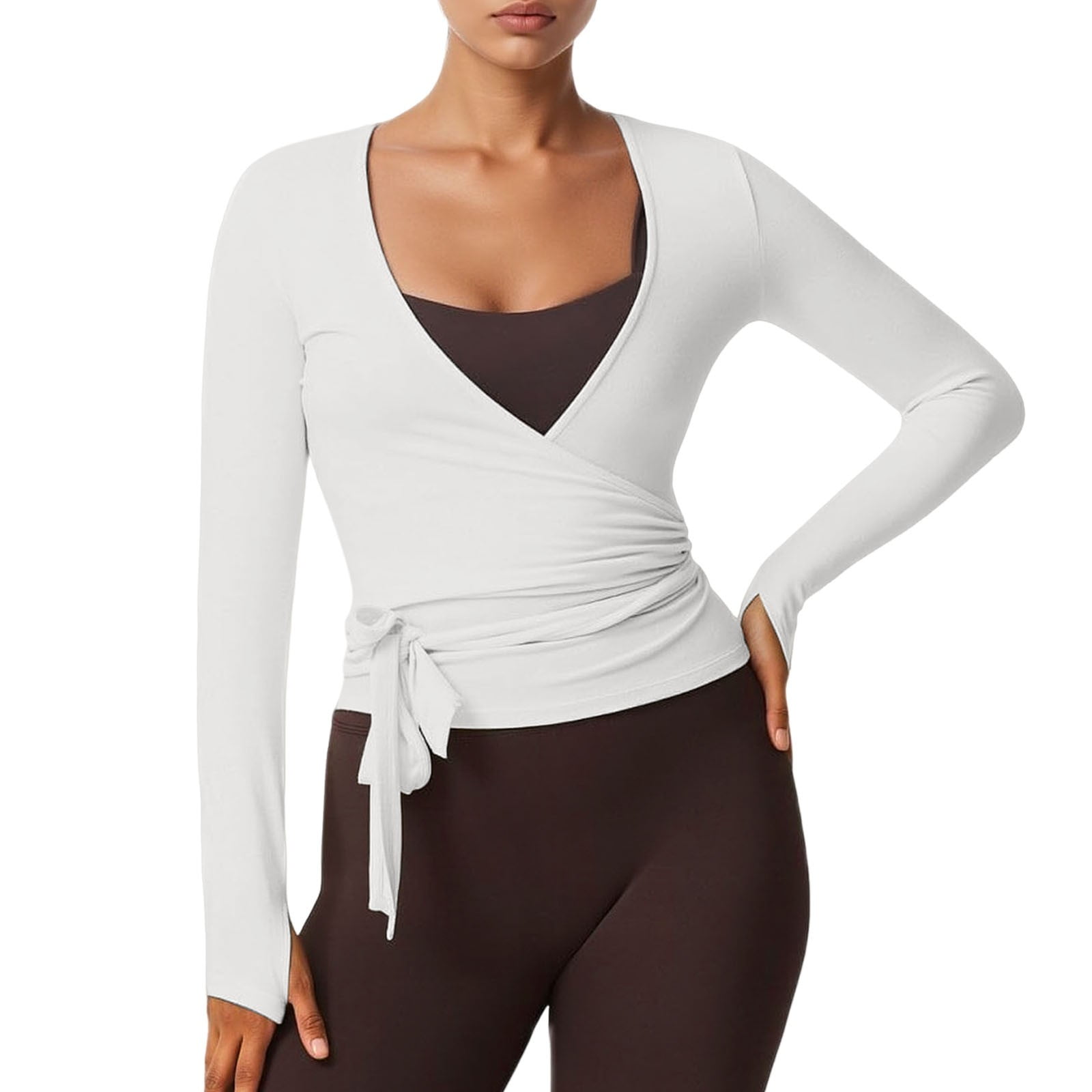 Women'S Ballet Wrap Top Long Sleeve Tie Workout Pilates Yoga Wrap Top ...
