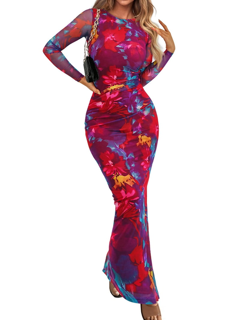 Women'S Bodycon Maxi Dress Fashion Long Sleeve Floral Print Tight ...