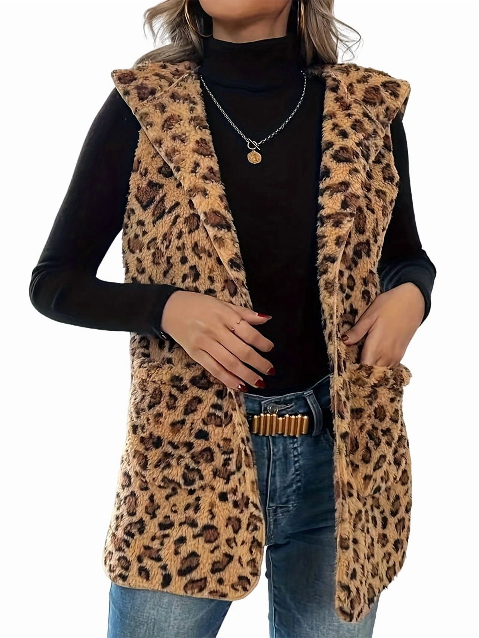 Women'S Buckleless Hooded Leopard Print Double-Sided Plush Vest Casual ...