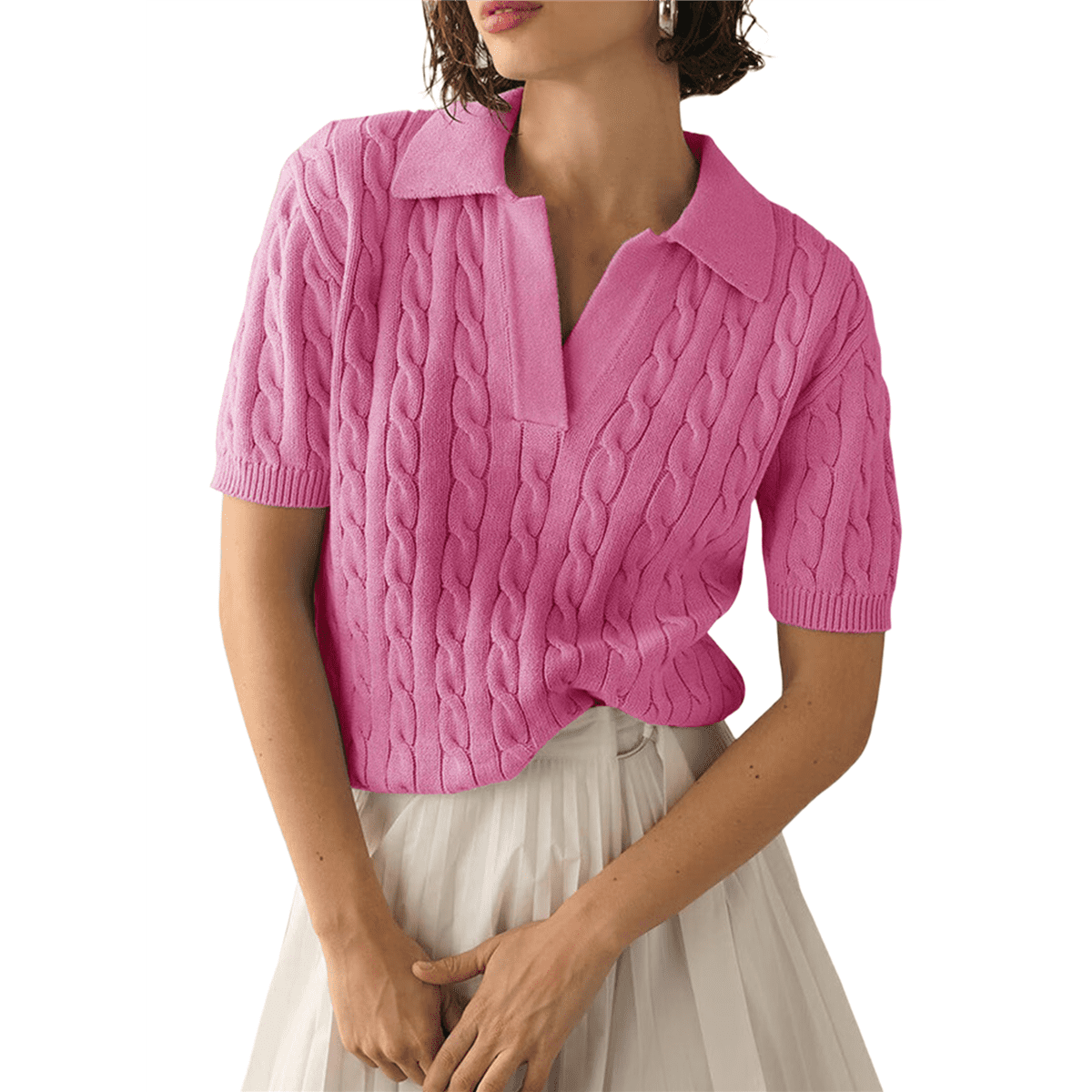 Women'S Cable Short Sleeve Sweaters Tops Solid Lapel V Neck Knit Casual ...