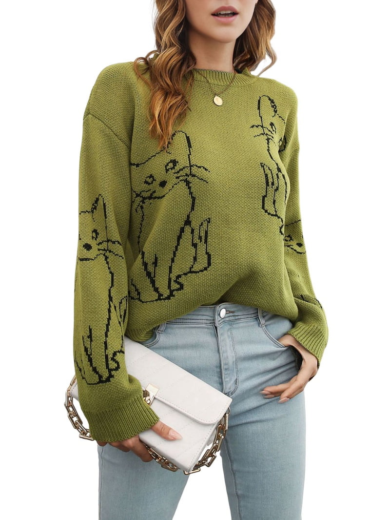 Women'S Cartoon Cat Long-Sleeved Round Neck with Dropped Shoulders ...