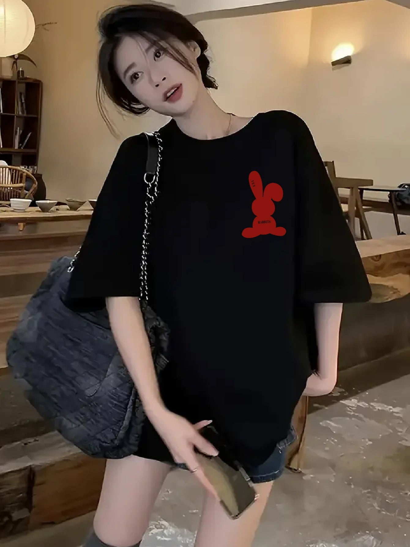 Women'S Casual Black Rabbit Print T-Shirt - Loose Fit, Crew Neck, Short ...