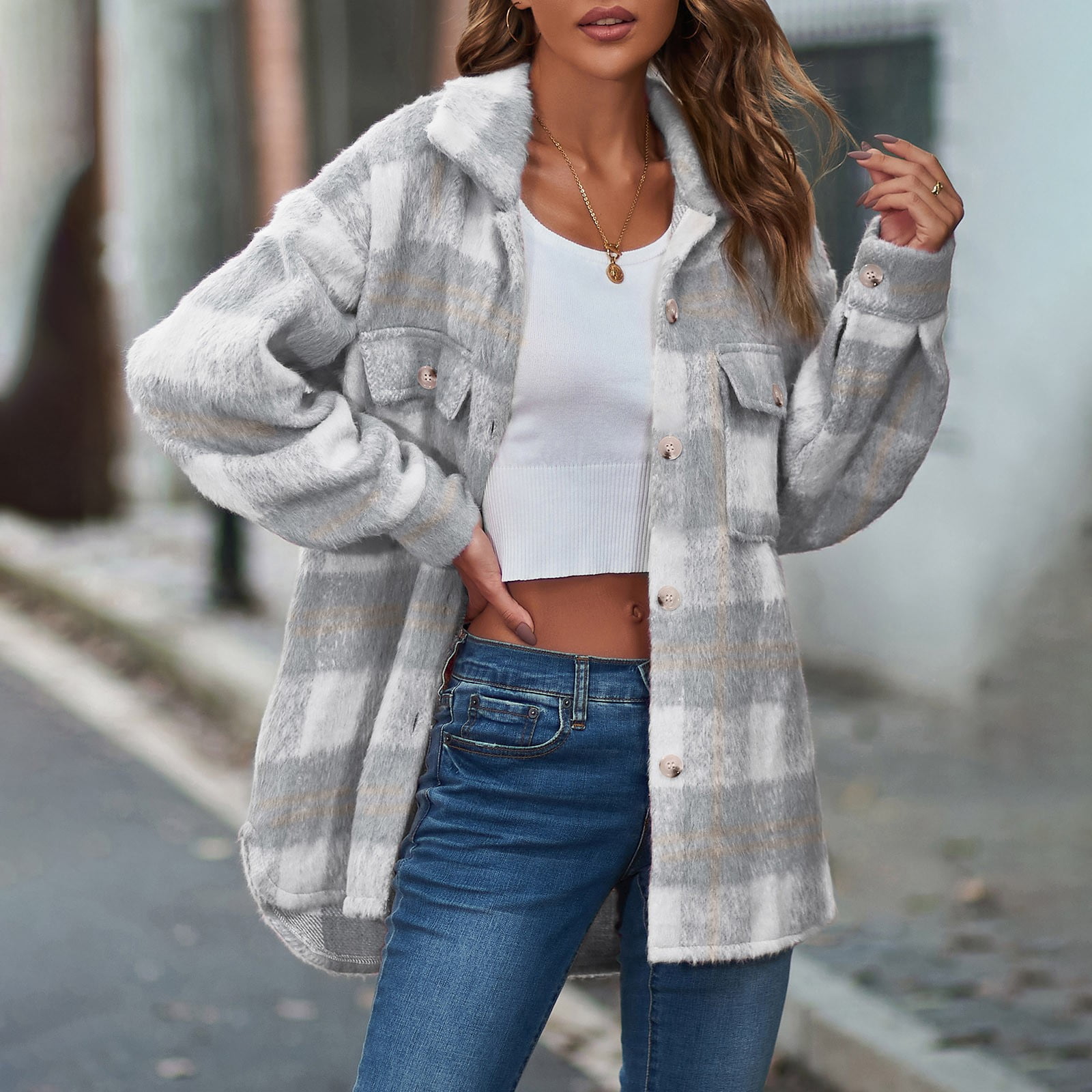 Women S Casual Plaid Flannel Shacket Jacket Oversized Button Down Long ...