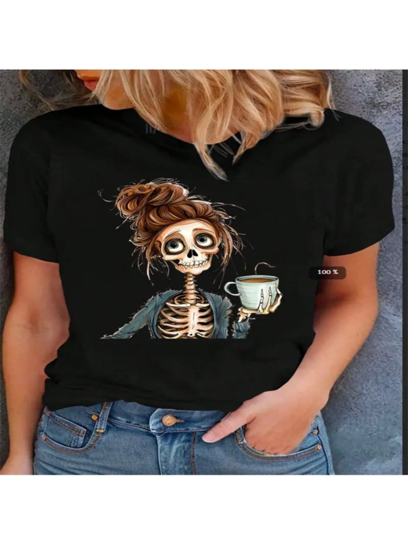 Women'S Casual Round Neck T-Shirt with Anime Print And Applique Details ...
