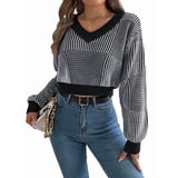 Women'S Cropped Sweater V-Neck Long Sleeve Crop Sweater Pullover Jumper ...