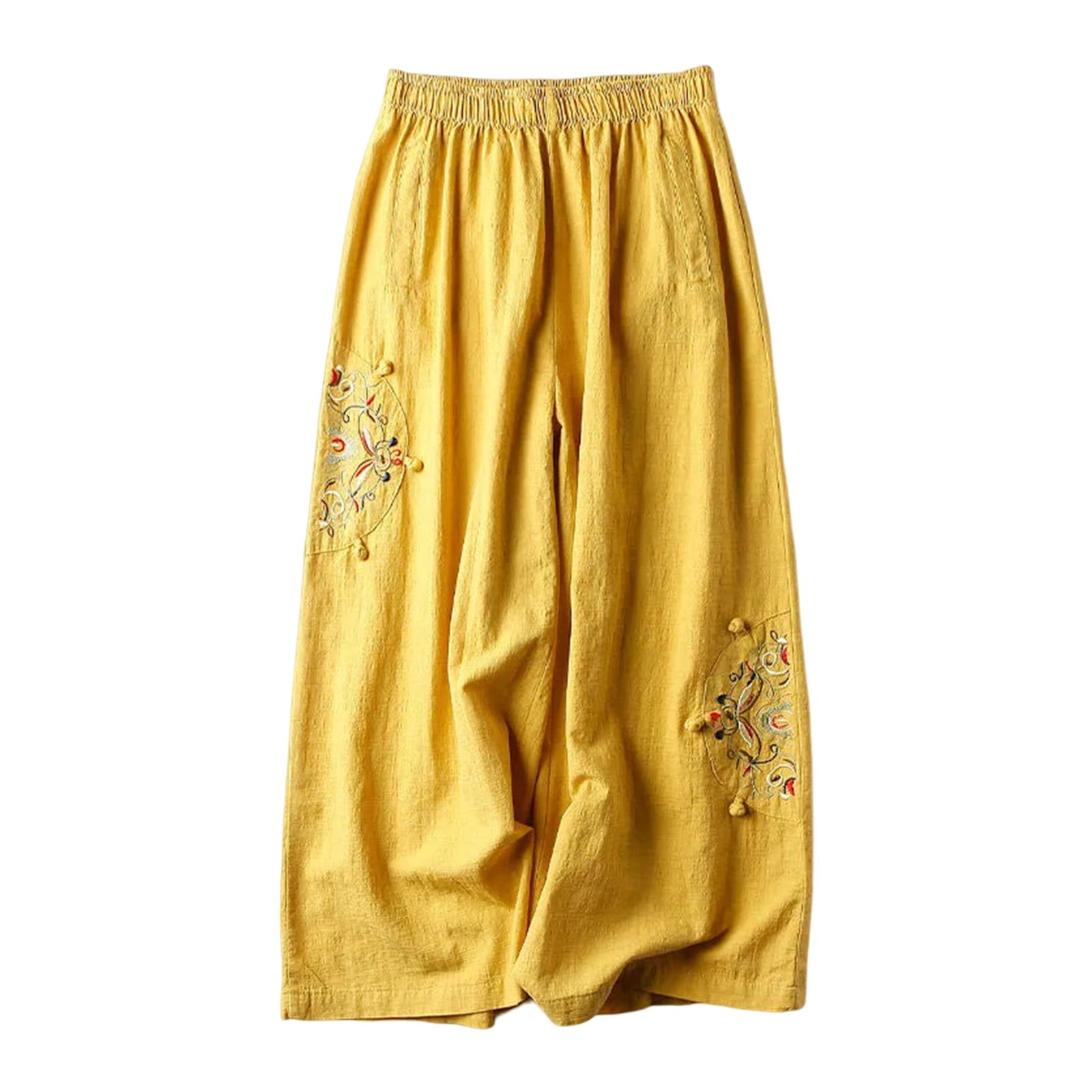 Women S Culottes Linen Blend Wide Leg Pants Elastic Waist Casual