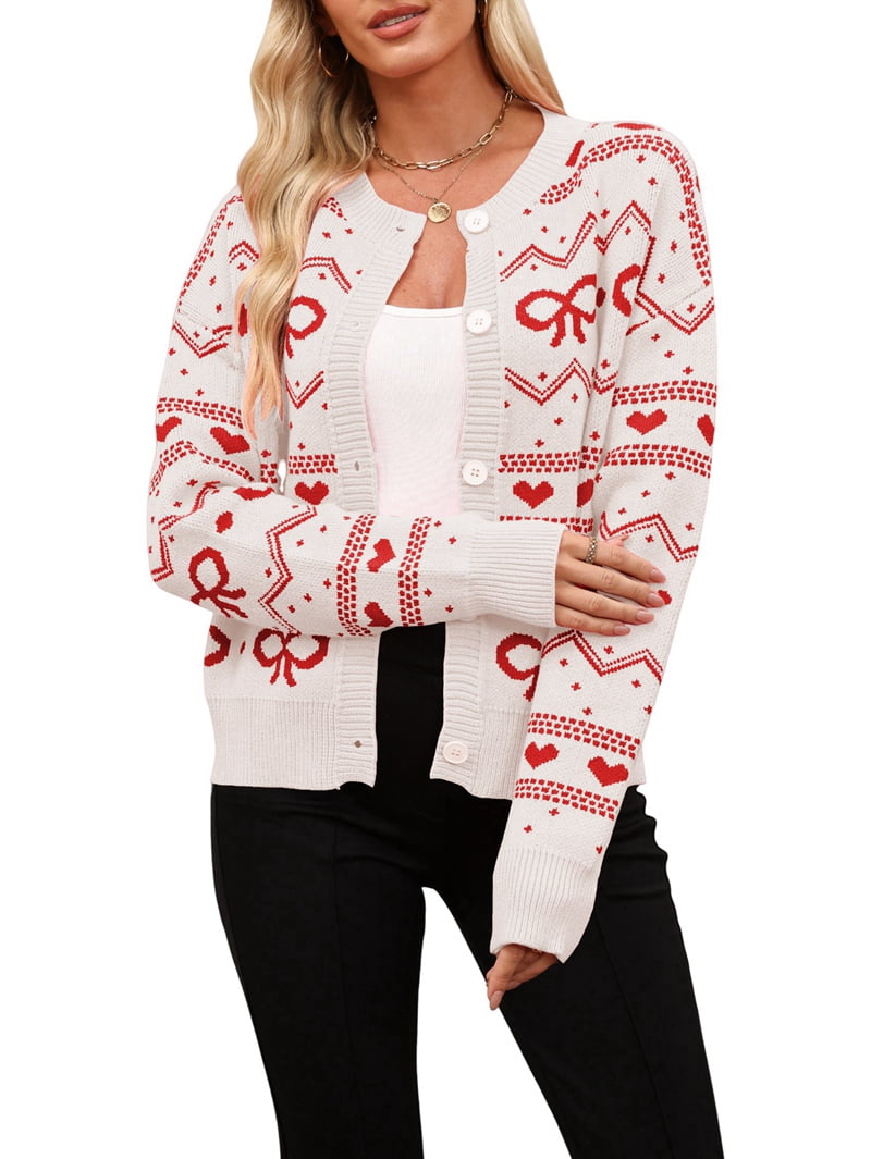 Women'S Cute Crew Neck Cardigan Long Sleeve Casual Knitted Cardigan ...