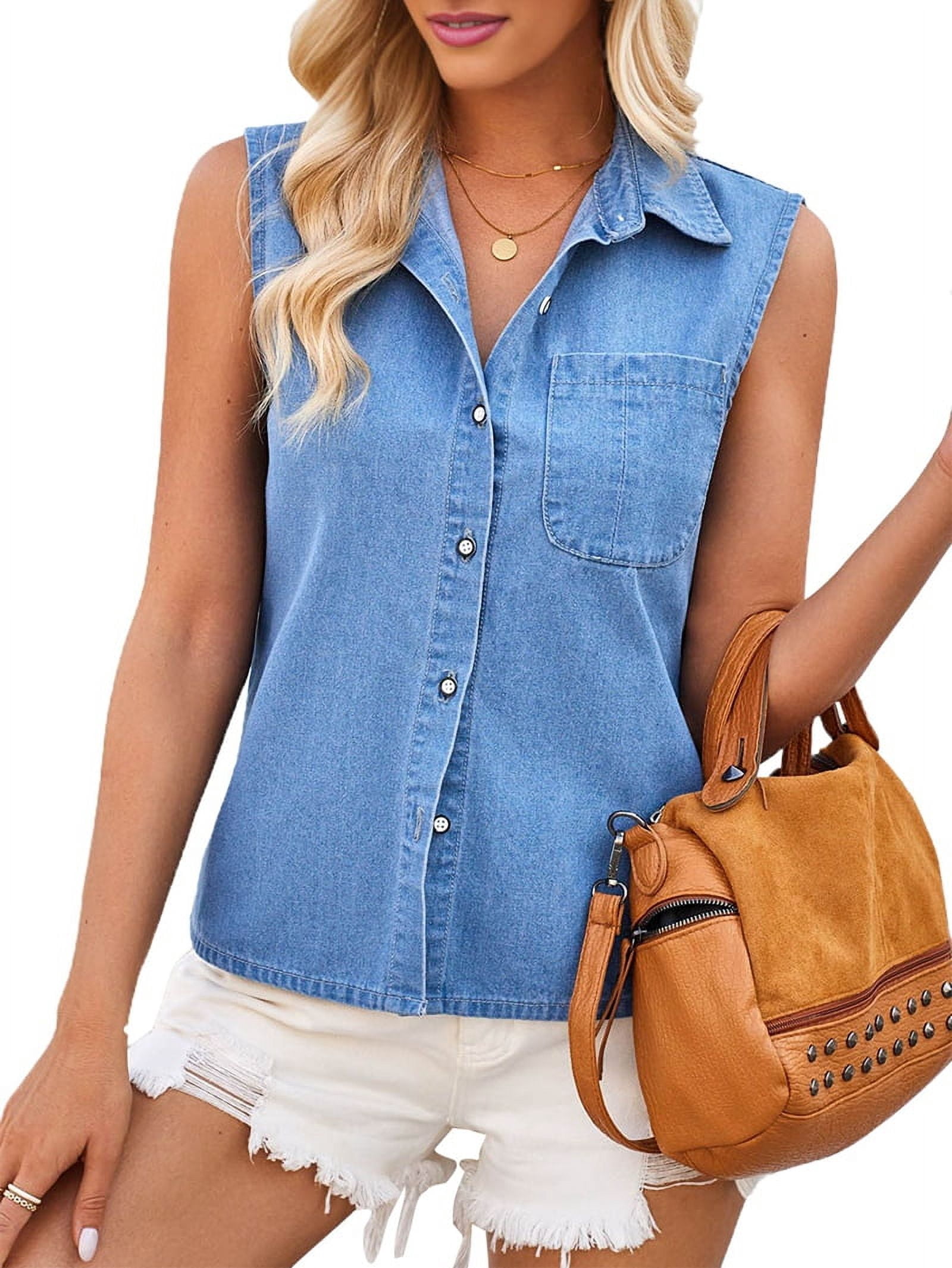 Women'S Denim Tank Top V Neck Button Down Collared Sleeveless Shirts ...