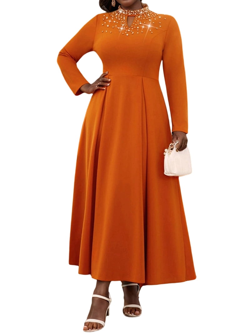Women'S Elegant Brown Beaded Long Sleeve A-Line Maxi Dress with Mock ...
