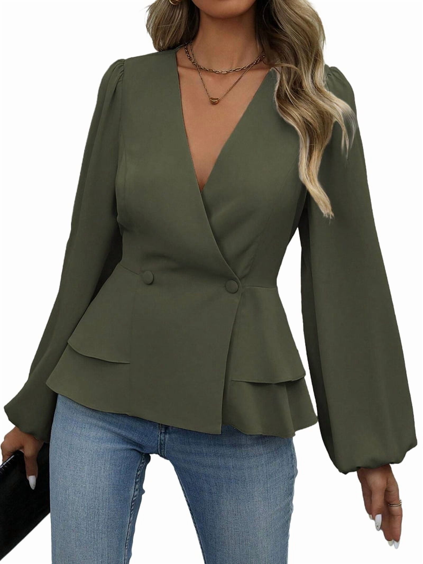 Women'S Elegant Solid Color Double Breasted Ruffle V-Neck Long Sleeved ...