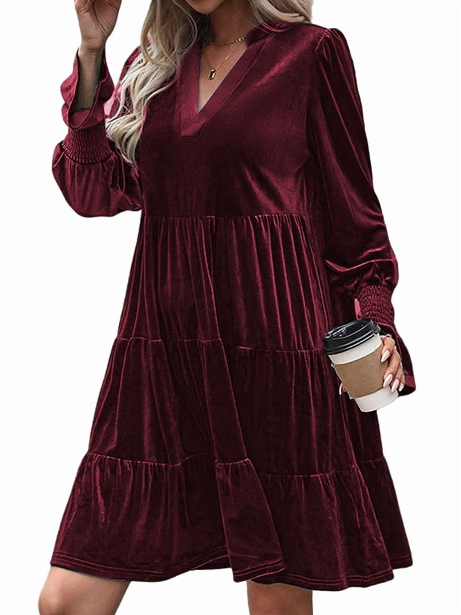 Women'S Elegant Velvet Long Sleeve Dress Casual Fall V Neck A Line ...