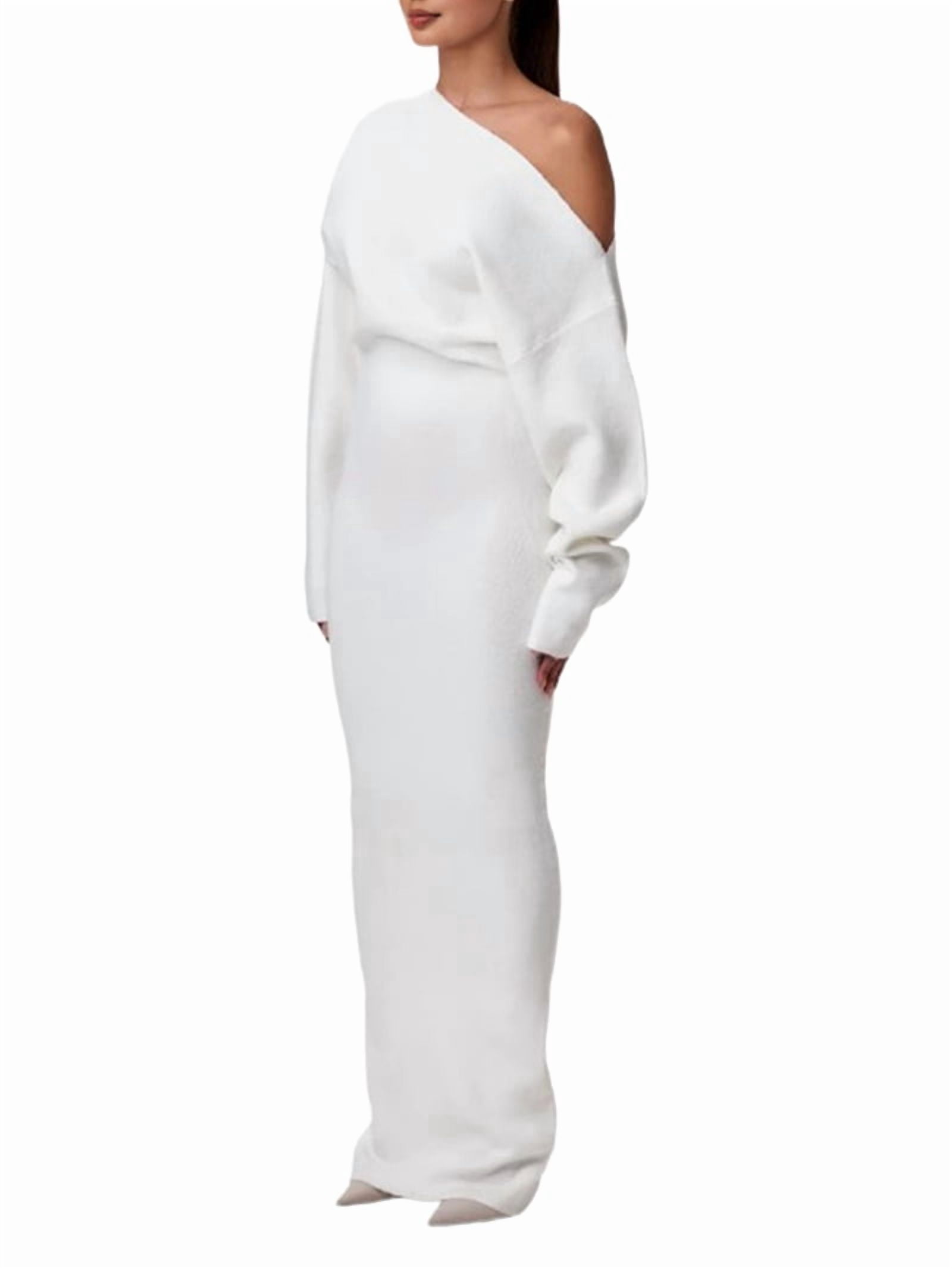 Women'S Fall Off Shoulder Bodycon Sweater Dress Formal Long Sleeve ...