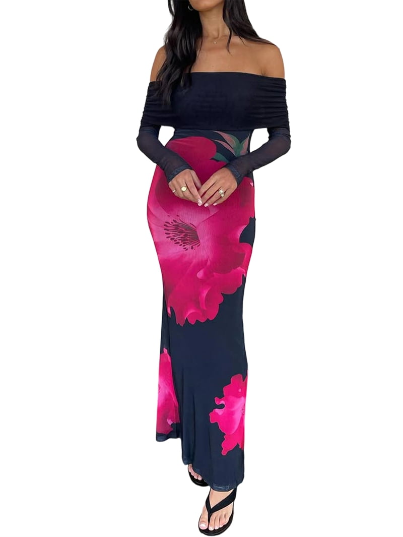 Women'S Fall Off Shoulder Floral Maxi Dresses Formal Long Sleeve ...