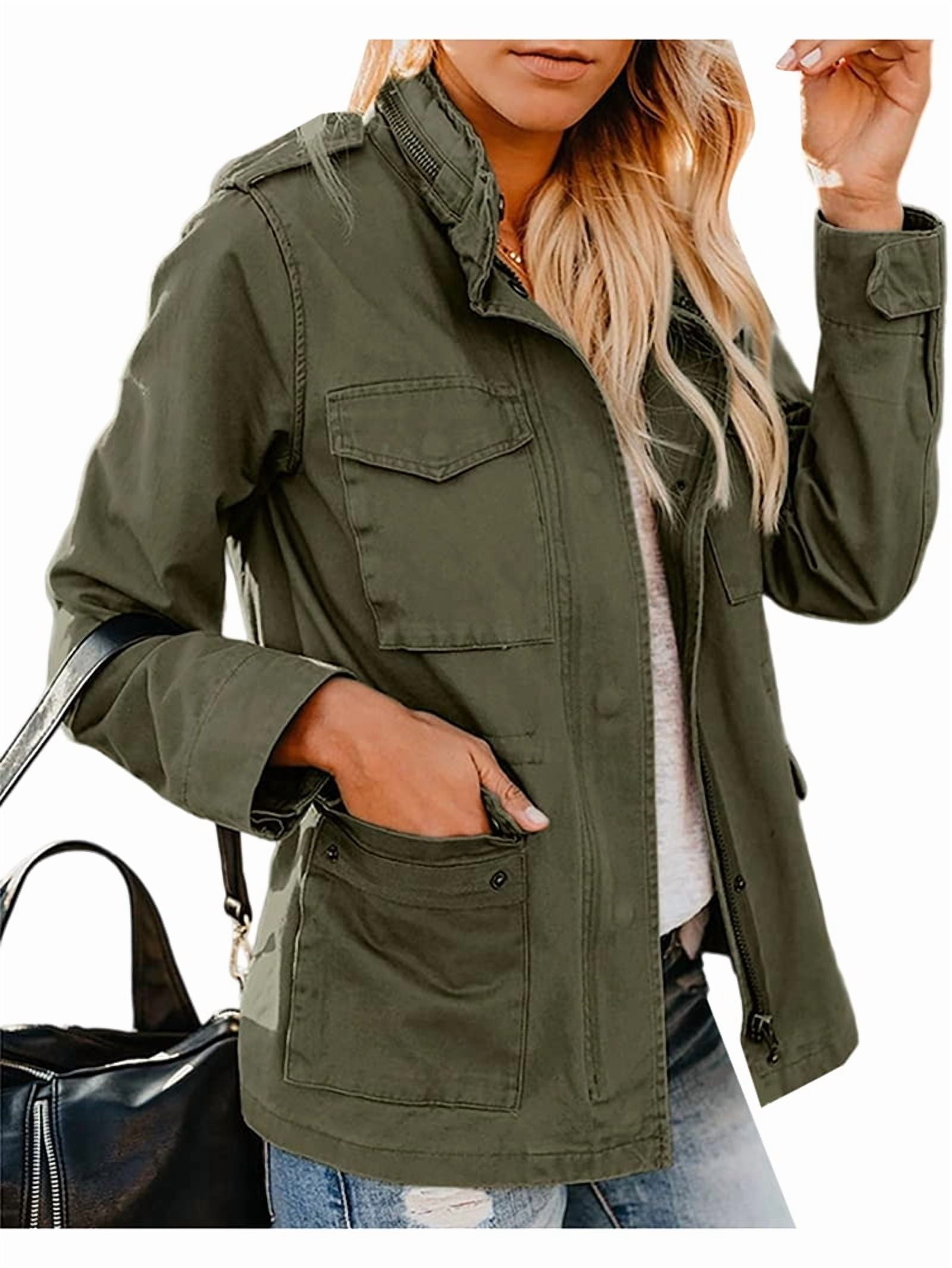 Women'S Fall Utility Jacket - Stand Collar, Solid Color, Loose Fit ...