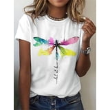 Women'S Fashion Casual White Tee, Dragonfly Art With Inspirational ...