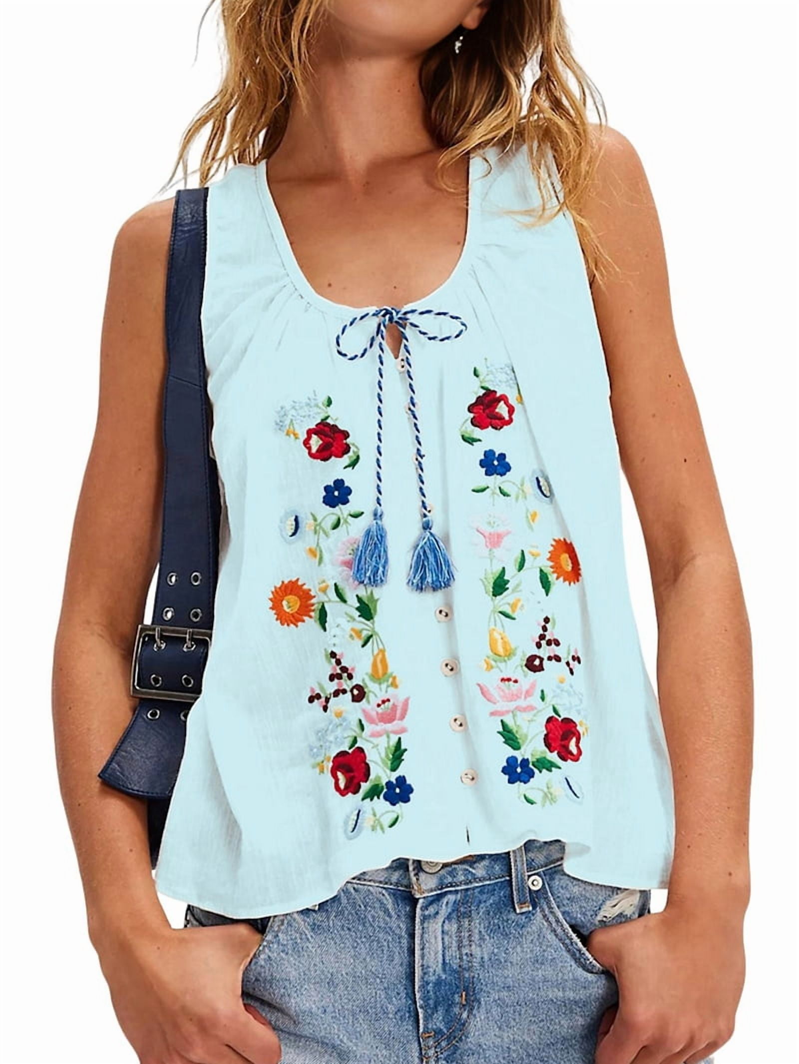 Women'S Floral Embroidered Tops U Neck Fringe Tie Front Tank Tops Loose ...
