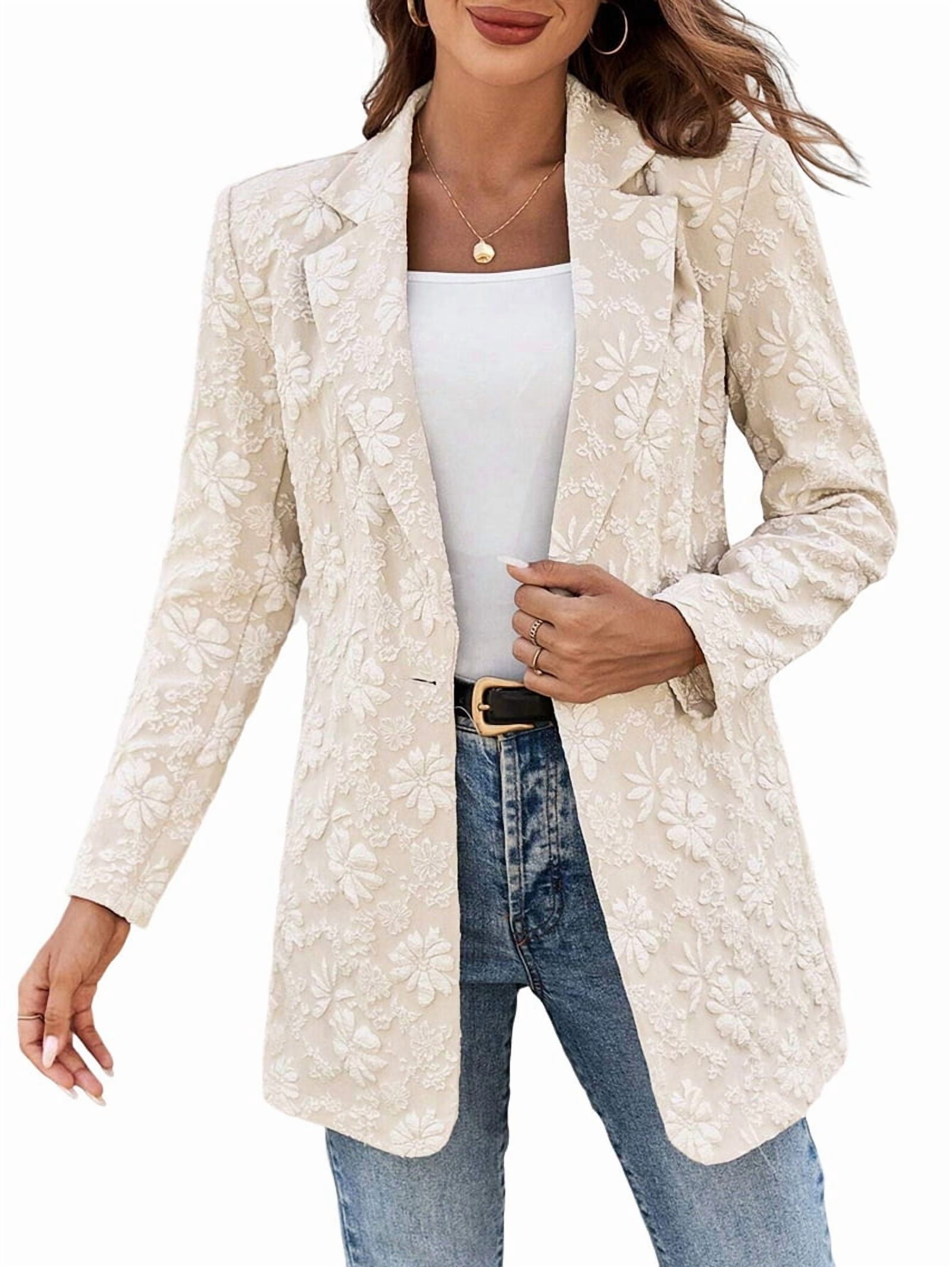 Women'S Floral Jacquard Casual Blazer Suit Long Sleeve Slim Fit Elegant ...