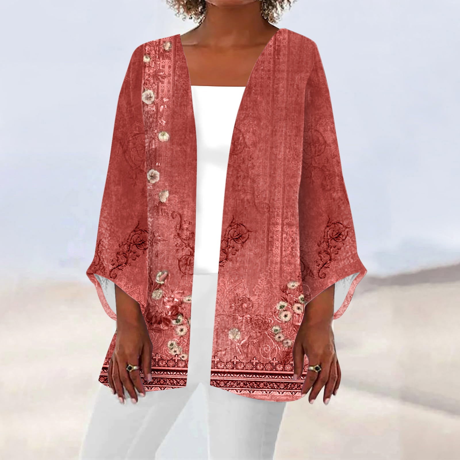 Women'S Floral Print Cardigans 3/4Sleeve Open Front Lightweight Loose ...