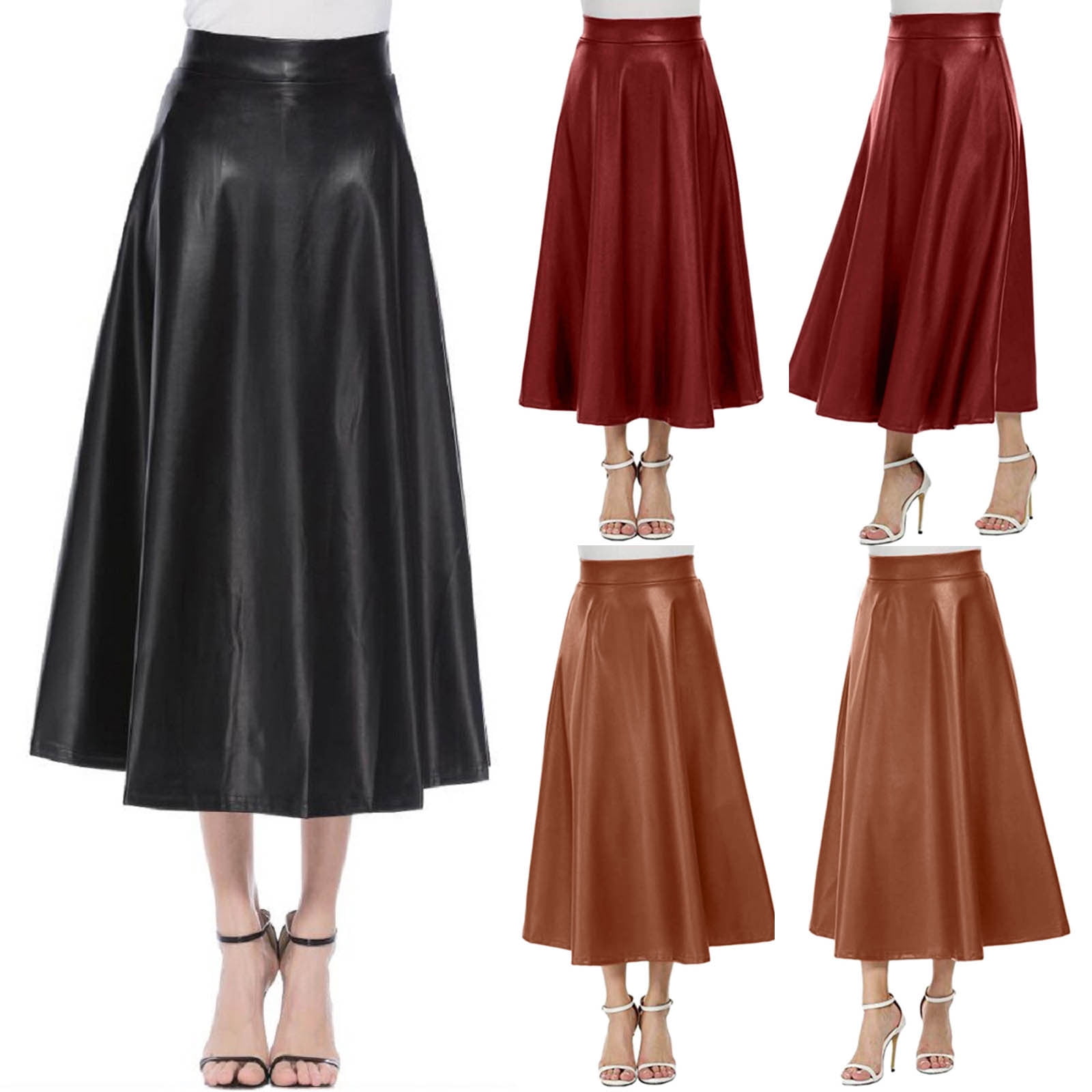 Women'S Flowy Skirts Faux Leather High Waisted Solid A Line Pleated ...