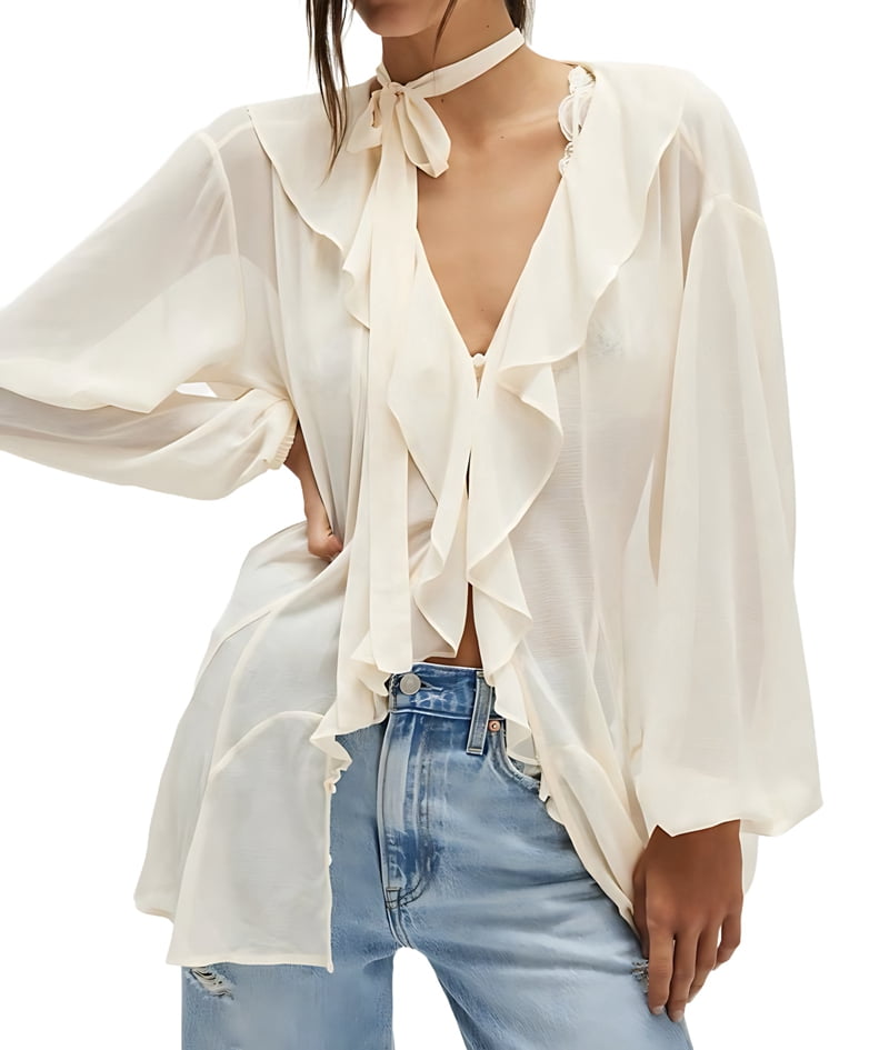 Women'S French Temperament Lace Ruffled V-Neck Top Spring and Summer ...