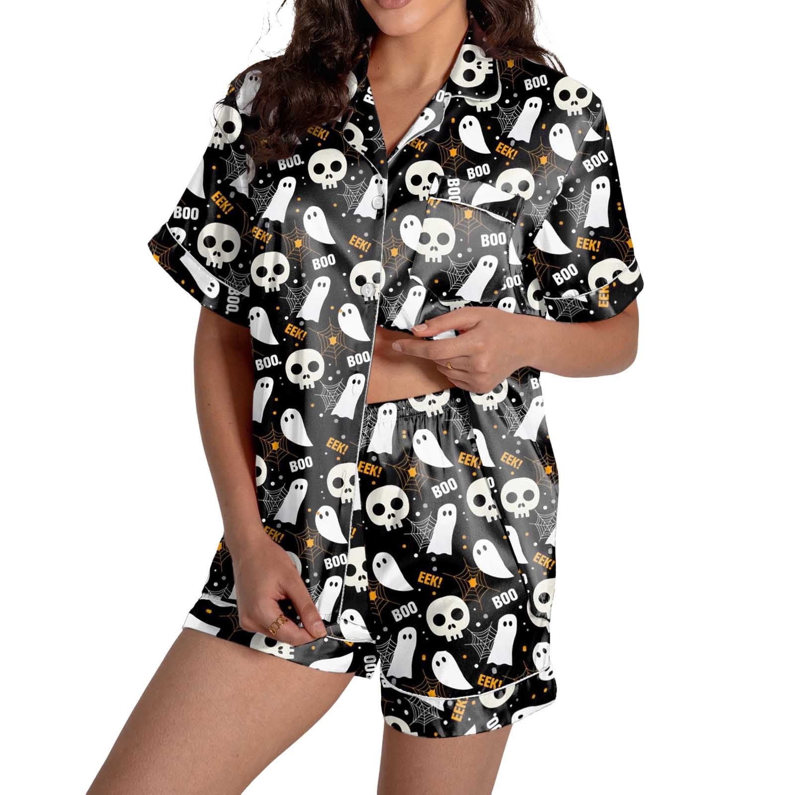 Women'S Ghost Pumpkin Print Pajama Set - Short Sleeve Satin Pjs With ...