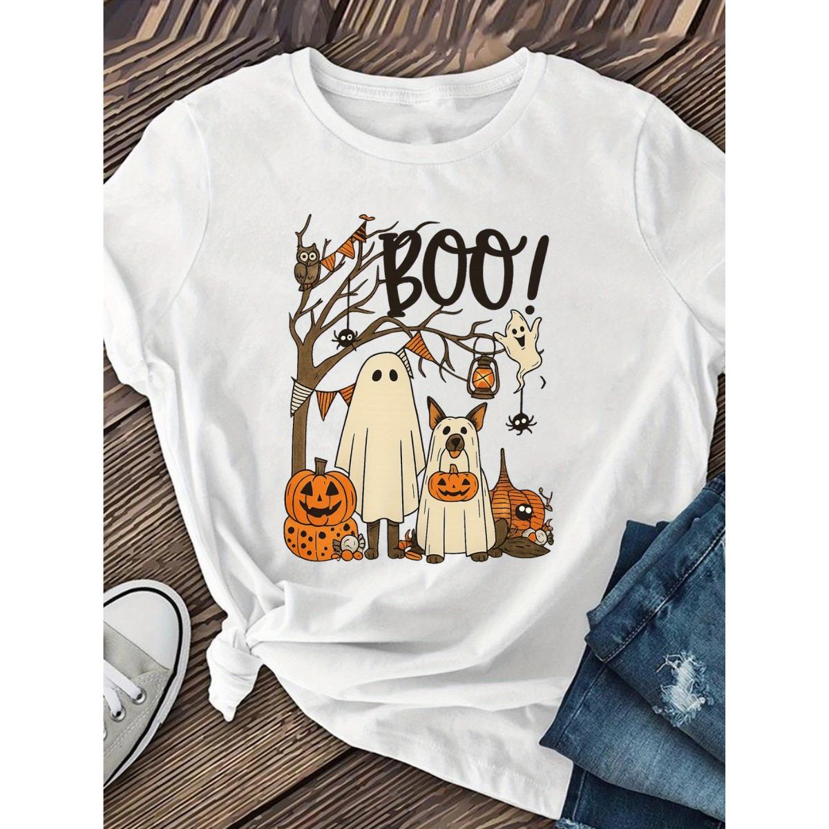 Women'S Halloween Graphic T-Shirt - "Boo!" Spooky Ghost & Pumpkin ...