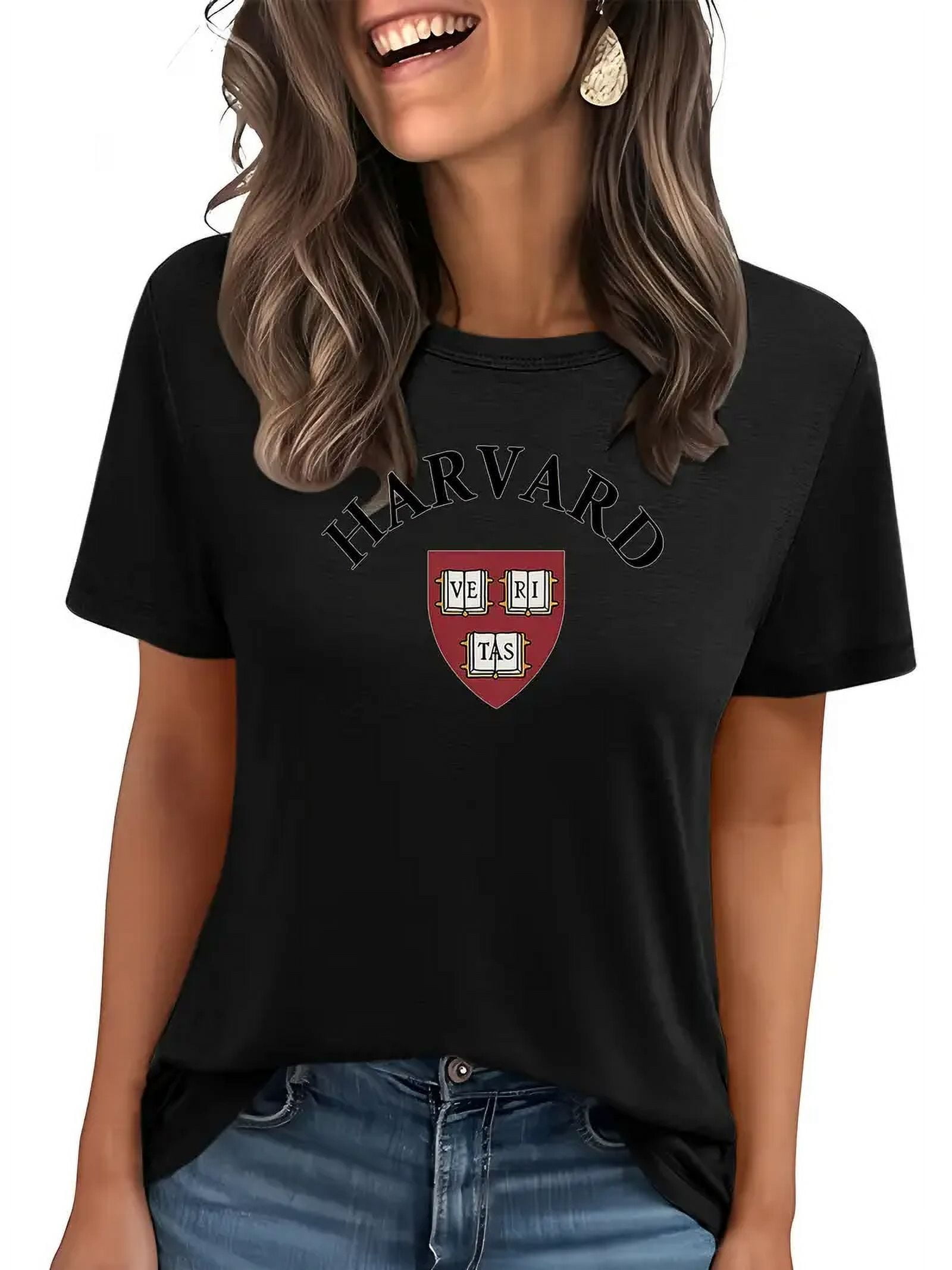 Women'S Harvard University Graphic T-Shirt - Black Short Sleeve Crew ...