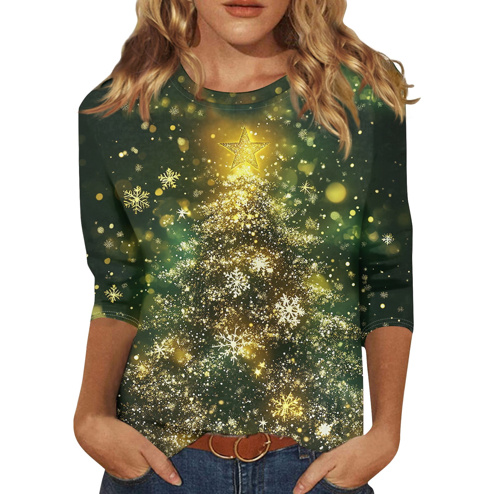 Women'S Holiday Tops - Crewneck 3/4 Sleeve Christmas Tree Women Tops ...