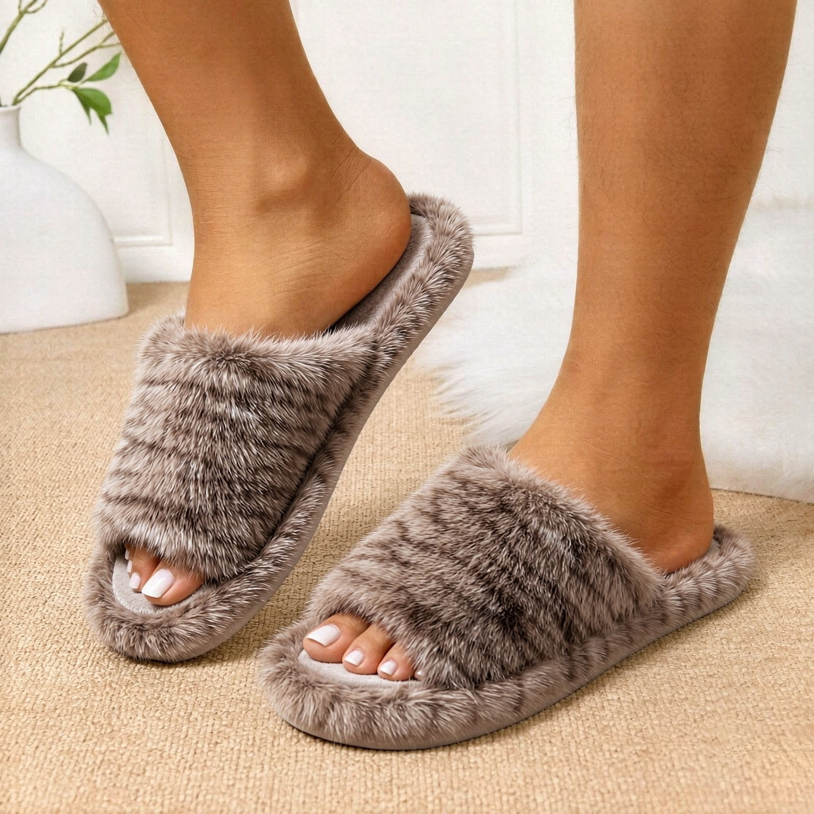 Women S Indoor Plush Cotton Slippers Open Toe Spotted Color Block Warm ...