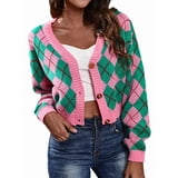 Women'S Knit Cardigan Sweaters Long Sleeve Argyle Open Front Button ...