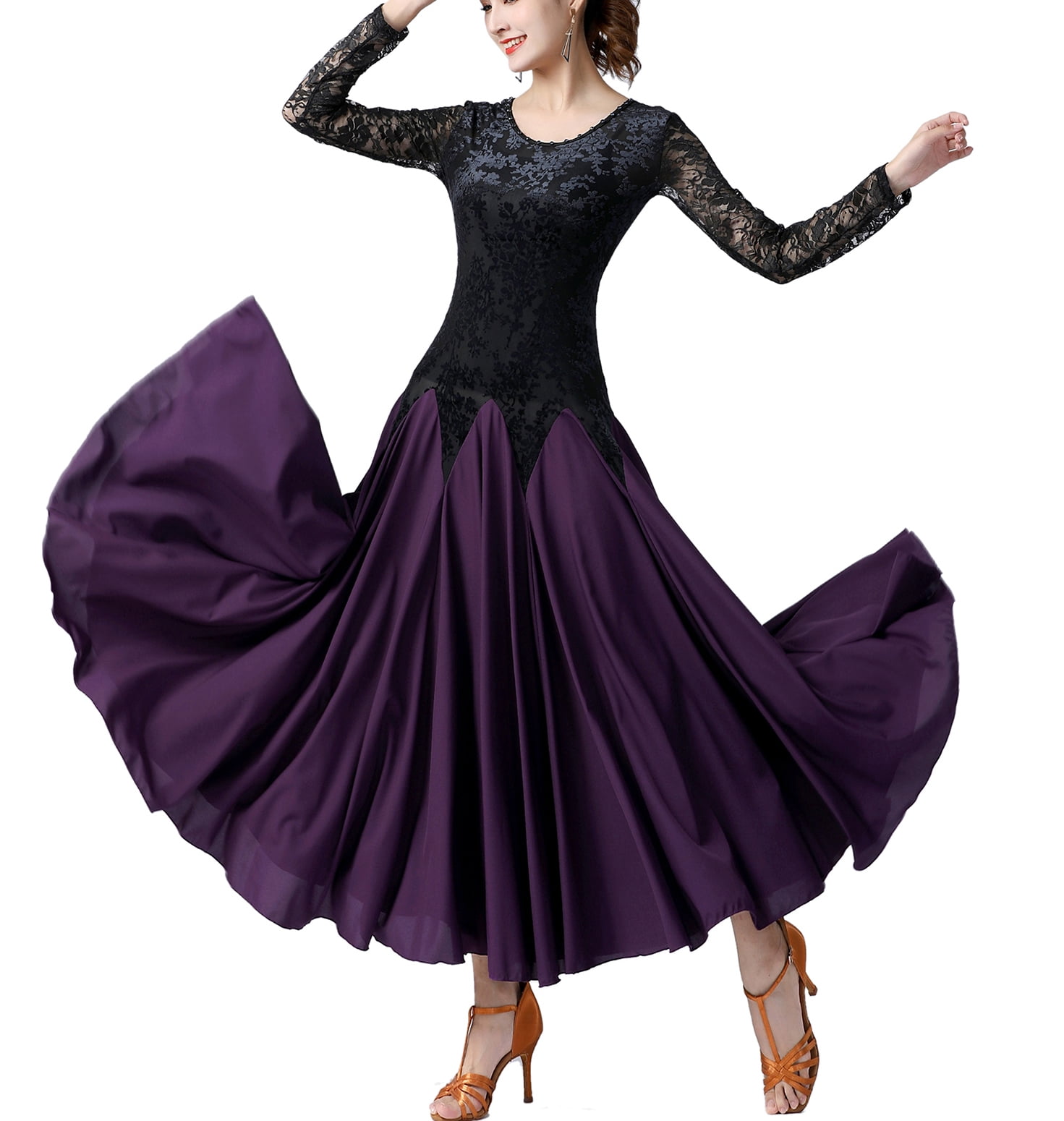 Women'S Lace Velvet Long Sleeve Ballroom Competition Dance Dress With ...