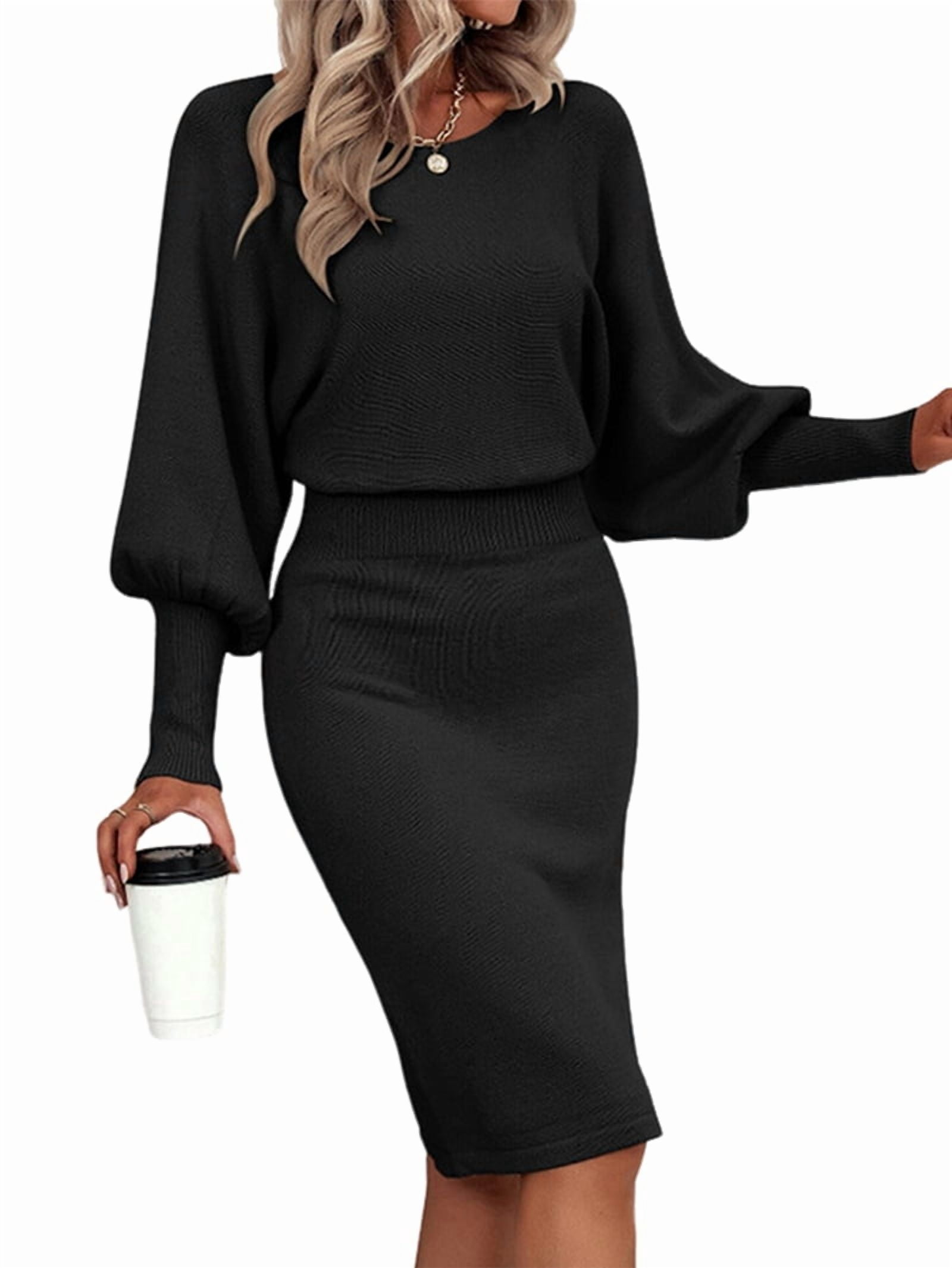 Women'S Lantern Long Sleeve High Waist Formal Bodycon Pencil Midi ...
