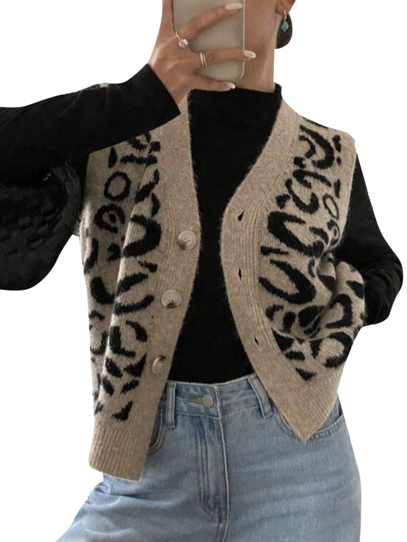 Women'S Leopard Button Up Sweater Vest Cheetah Print Sleeveless Office ...