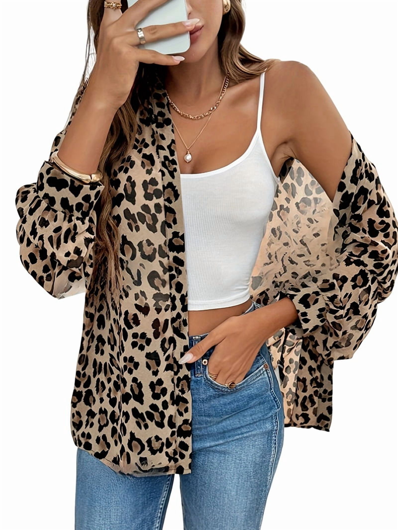 Women'S Leopard Print Button Down Blouse Cheetah Long Sleeve Lapel ...