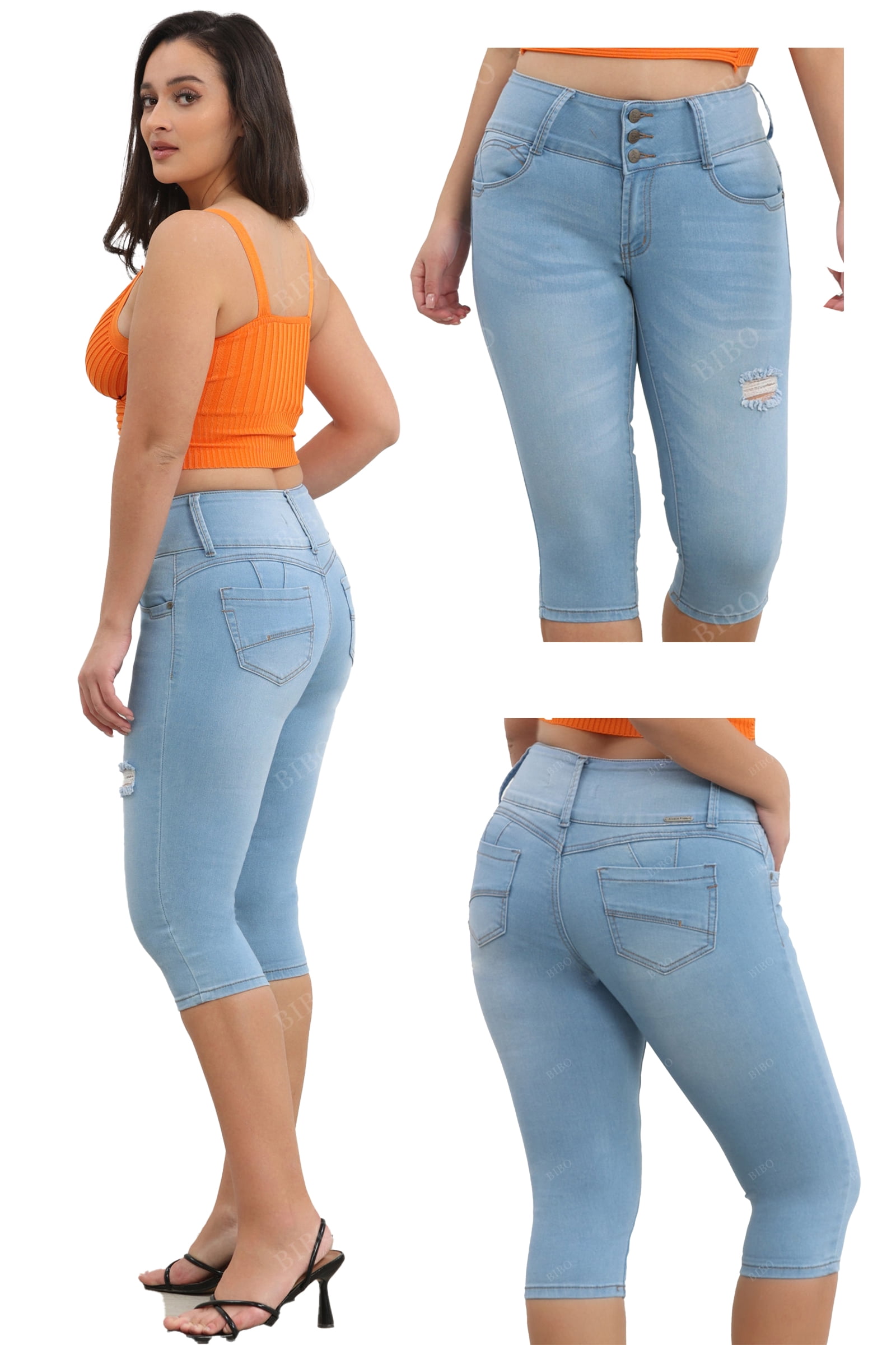 Women'S Light Blue Skinny Jeans, Fashionable Three Button Design ...