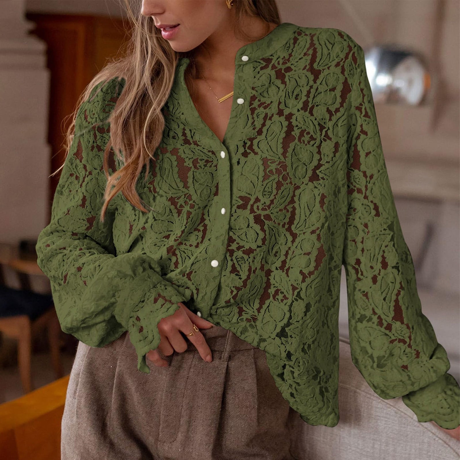 Women'S Long Sleeve Eyelet Tops Hollow Out Lace Embroidered Crochet ...