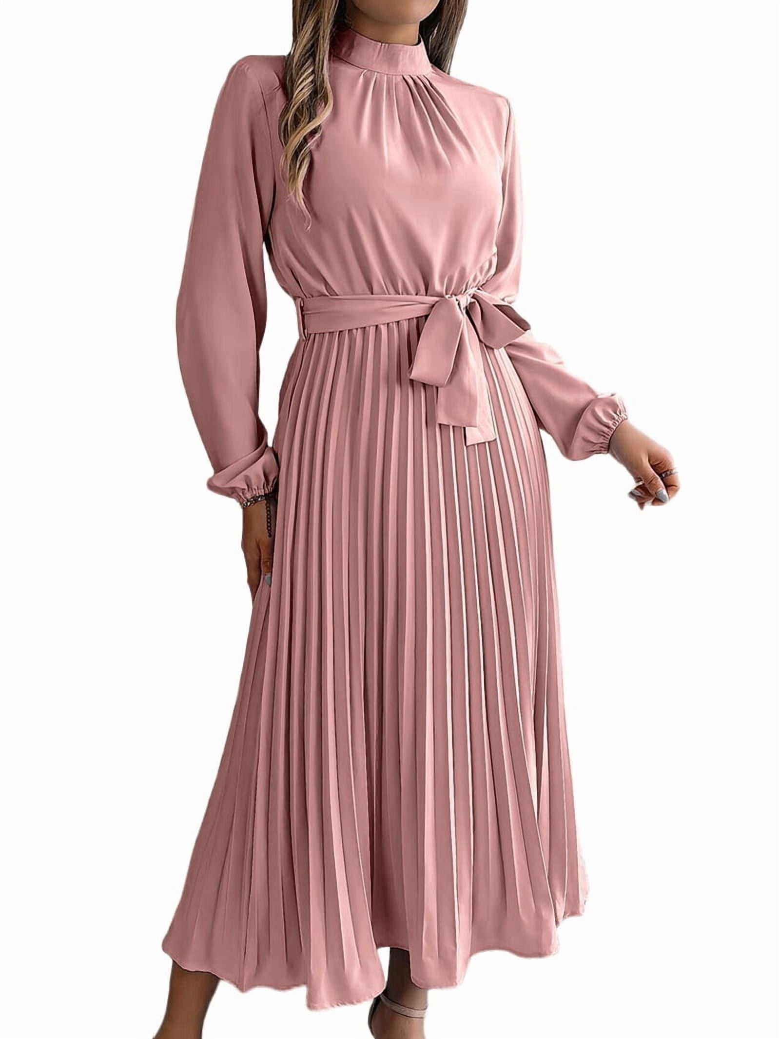 Women'S Long Sleeve Pleated Dress Casual Semi Formal Church Dress Mock ...