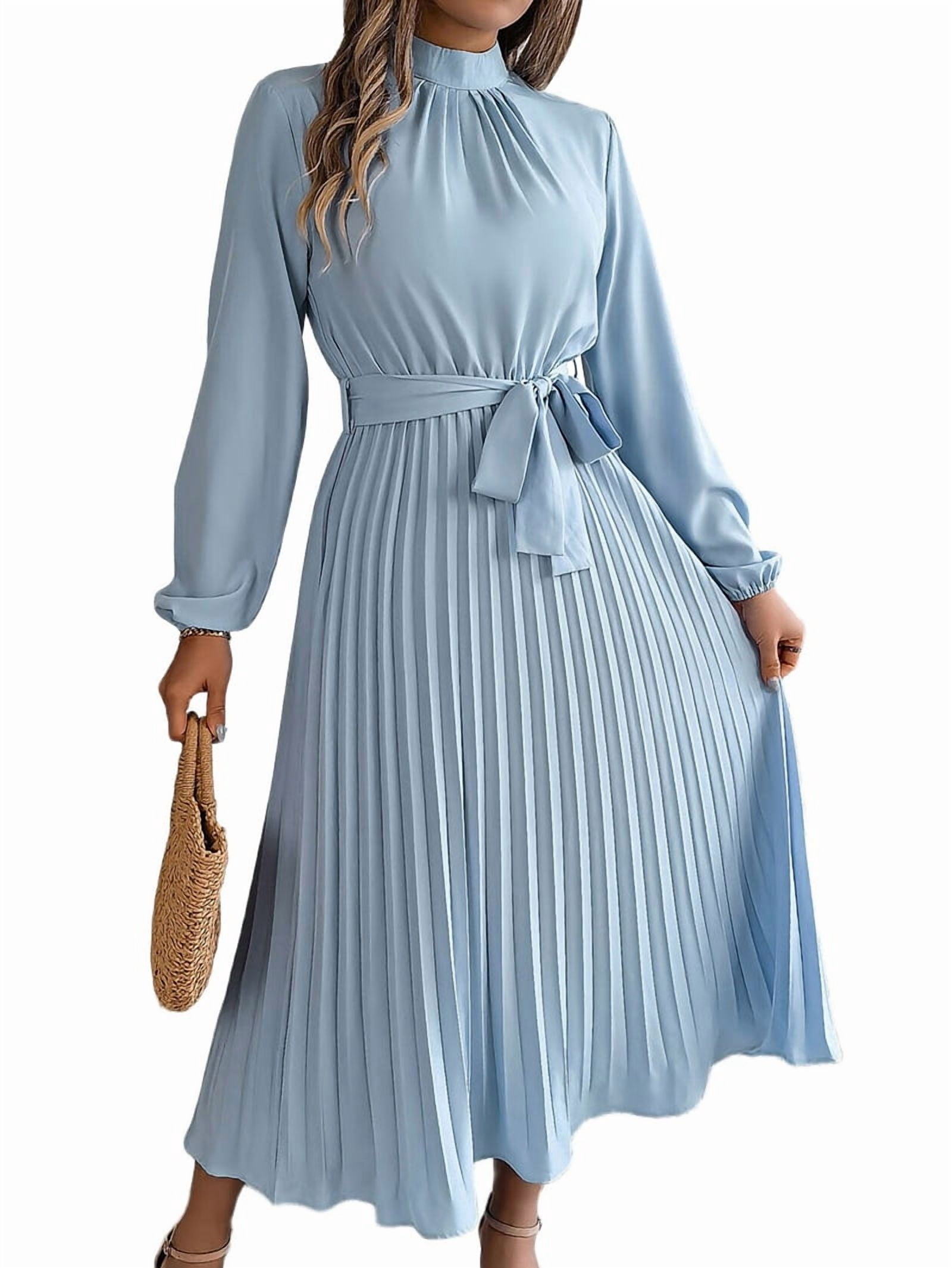 Women'S Long Sleeve Pleated Dress Casual Semi Formal Mock Neck A Line ...