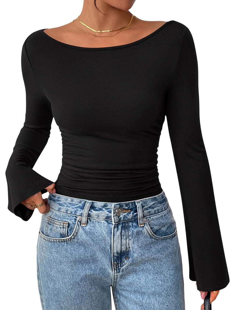 Women'S Long Sleeve Shirts Crop Going Out Tops Casual Boat Neck Bell ...