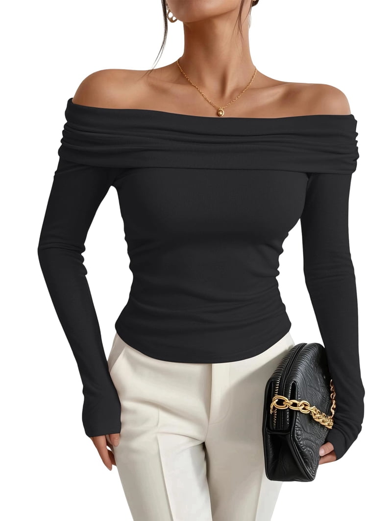 Women'S Off Shoulder Tops Dressy Casual Slim Fit Long Sleeves Spring ...