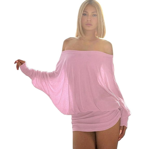 Women'S Off the Shoulder Dress Long Sleeve Batwing Mini Ruched Sheer ...