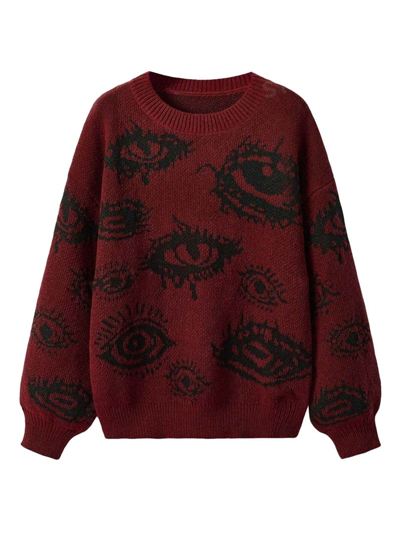 Women'S Oversized Eye Print Knit Crewneck Fall Pullover Sweaters Red L ...