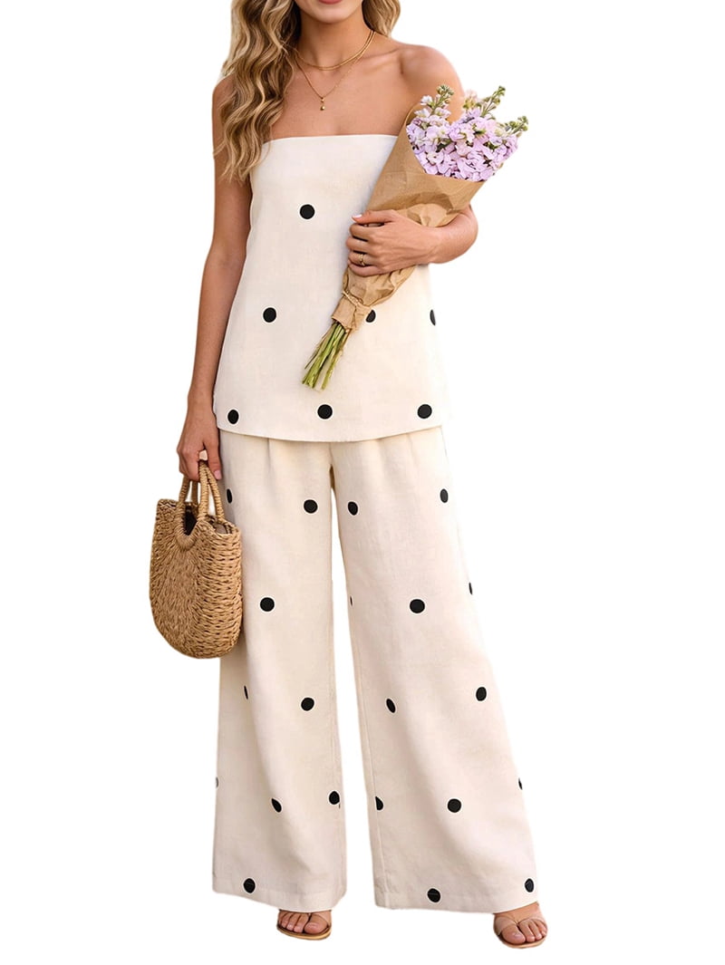 Women'S Polka Dot 2 Piece Outfits Spot Strapless Tube Top High Waist ...