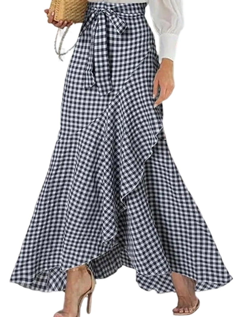 Women'S Retro Plaid Maxi Skirt A Line Pleated Flared Elastic High ...