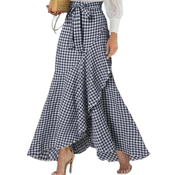 Women'S Retro Plaid Maxi Skirt A Line Pleated Flared Elastic High ...
